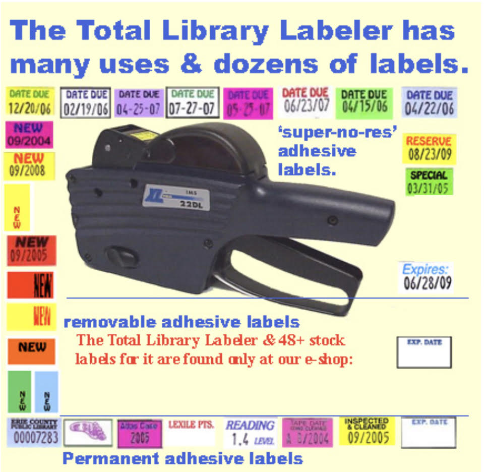 Various labels imprinted by the Total Library Labeler.